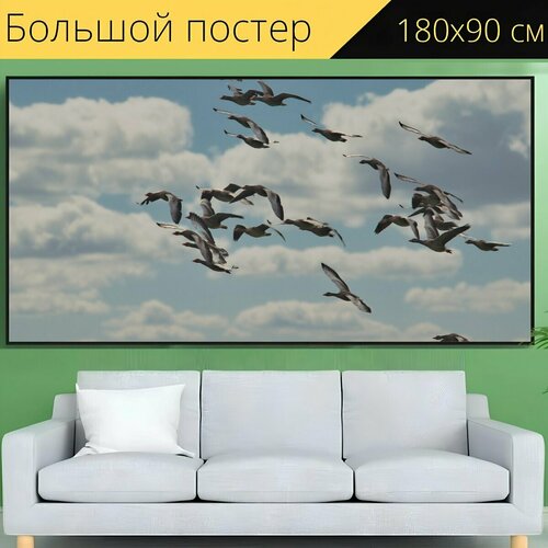 Большой постер "Гуси, перелетные птицы, стая птиц" 180 x 90 см. для интерьера