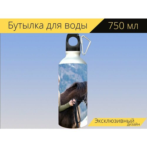 Бутылка фляга для воды "Девочка, лошадь, конный спорт" 750 мл. с карабином и принтом