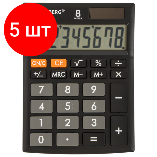 Комплект 5 шт, Калькулятор настольный BRAUBERG ULTRA-08-BK, компактный (154x115 мм), 8 разрядов, двойное питание, черный, 250507