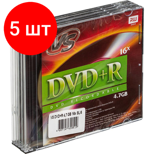 Комплект 5 упаковок, Носители информации DVD+R, 16x, VS, Slim/5, VSDVDPRSL501