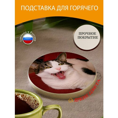 Подставка под горячее "Кошка, смешной кот, зевать" 10 см. из блого мрамора