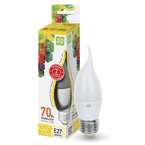 ASD Лампа светодиодная LED-свеча на ветру-standard 7.5Вт 160-260В Е27 3000К 675Лм ASD 4690612004570