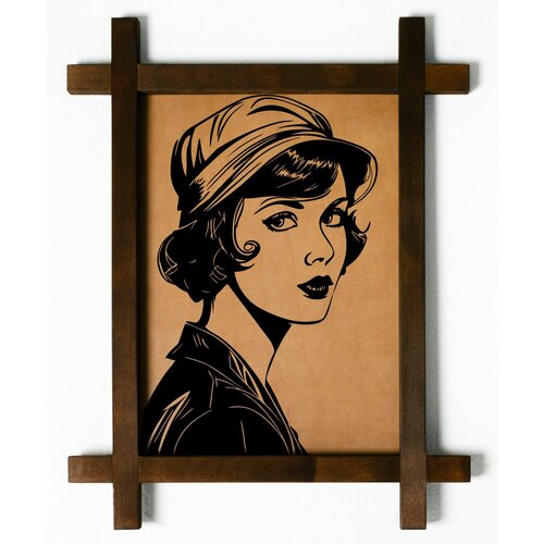 Картина Женщина в панамке, гравировка на натуральной коже, интерьерная для украшения и декора на стену в деревянной раме, подарок, BoomGift