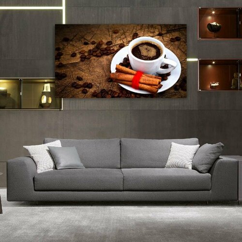 Картина на холсте 60x110 LinxOne "Корица кофе кофейные зерна чашка" интерьерная для дома / на стену / на кухню / с подрамником