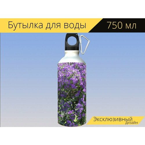 Бутылка фляга для воды "Кустарник, цветок, фиолетовый" 750 мл. с карабином и принтом