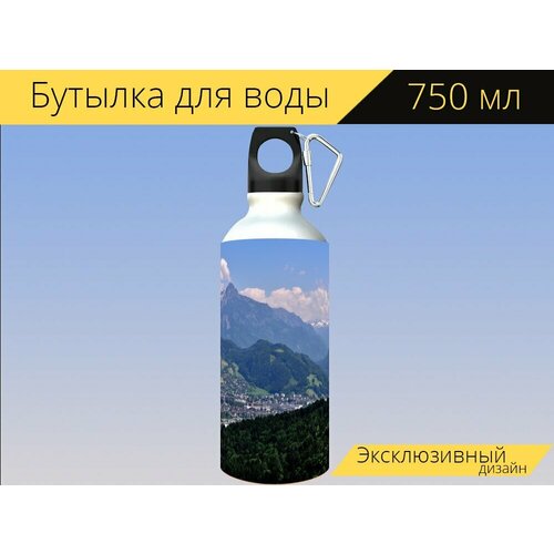 Бутылка фляга для воды "Пейзаж, форарльберг, долина" 750 мл. с карабином и принтом