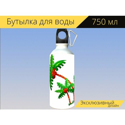 Бутылка фляга для воды "Акварель пальмы, кокосовое дерево, ладонь" 750 мл. с карабином и принтом