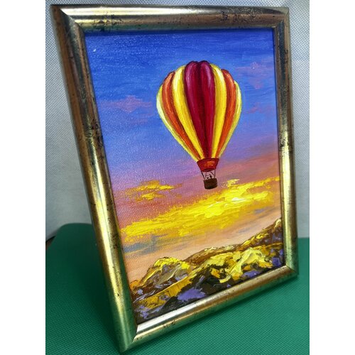 Картина "Воздушный шар на закате" 14х19см, в раме, маслом ручной работы