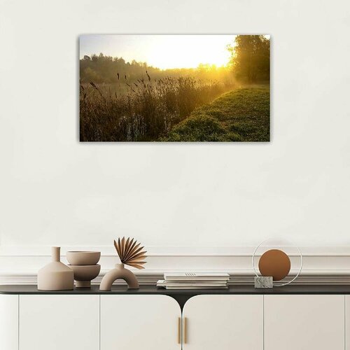 Картина на холсте 60x110 LinxOne "Камыши озеро утро" интерьерная для дома / на стену / на кухню / с подрамником