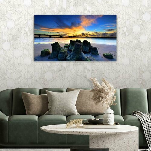 Картина на холсте 60x110 LinxOne "Закат пейзаж мост море" интерьерная для дома / на стену / на кухню / с подрамником