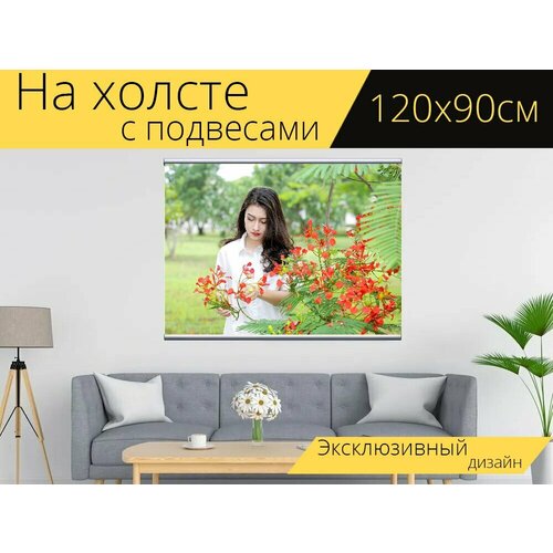 Картина на холсте "Девочка, цветок, феникс цветок" с подвесами 120х90 см. для интерьера