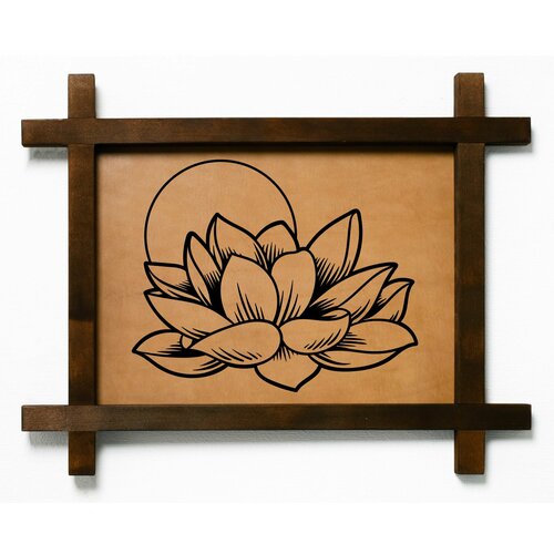 Картина Цветок лотоса, гравировка на натуральной коже, интерьерная для украшения и декора на стену в деревянной раме, подарок, BoomGift