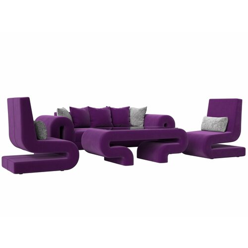 Набор Лига Диванов Волна-2 (стол, диван, 2 кресла) Микровельвет Фиолетовый