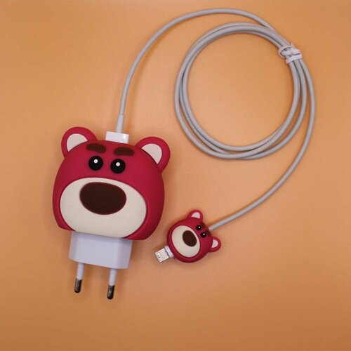 Комплект защитный чехол для зарядки / защита кабеля от излома / Мишка Розовый