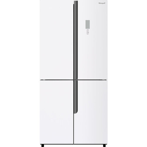 Отдельностоящий холодильник с инвертором Weissgauff WCD 450 White Rock Glass NoFrost Inverter четырехдверный Cross Door, 3 года гарантии, ширина 83 см, Большой объём, Тихий режим работы, Сенсорное управление, LED освещение, А+