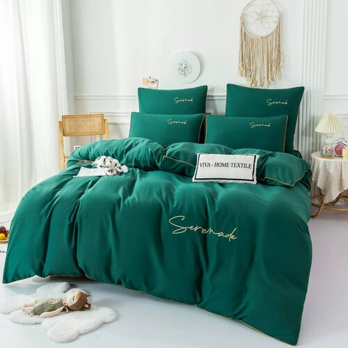 Комплект постельного белья Ситрейд однотонный сатин вышивка CH, 2-спальное с европростыней, смесовая, изумруд/насыщенный зеленый