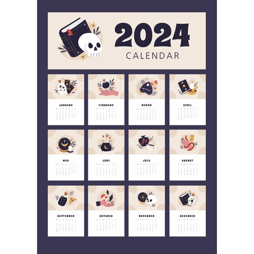 Магнит на холодильник "Календарь 2024 с черепом", в подарок ребёнку, подростку, Размер А4 (290х210 мм), материал ПВХ+магнитный винил