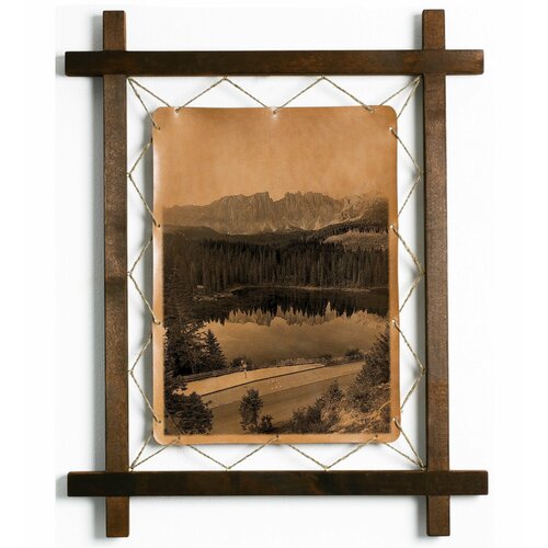 Картина Озеро в горах, гравировка на натуральной коже, интерьерная для украшения и декора на стену в деревянной раме, подарок, BoomGift