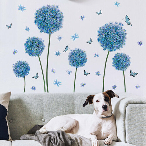 Интерьерная наклейка "Синие цветы с бабочками" для стен, дверей, размеры от 105*69 см.