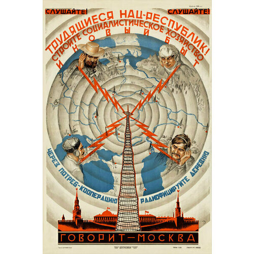 Плакат, постер на бумаге СССР/ Трудящиеся Нац-республик Стройте социалистическое хозяйство и новый быт. Размер 42 х 60 см