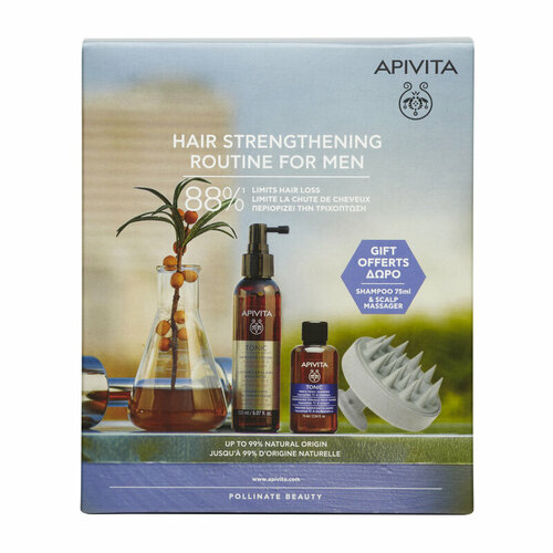 APIVITA Набор против выпадения волос для мужчин, лосьон 150 мл + шампунь 75 мл + массажная щетка для волос