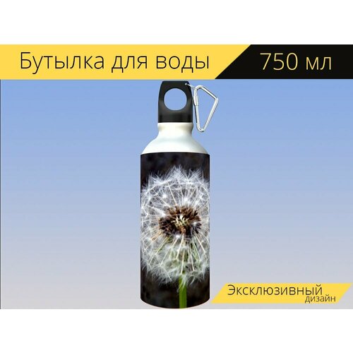 Бутылка фляга для воды "Одуванчик, вниз, растение" 750 мл. с карабином и принтом