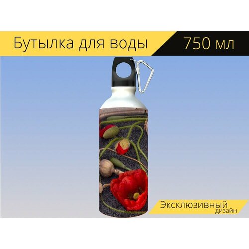 Бутылка фляга для воды "Мак, капсулы с маком, семена" 750 мл. с карабином и принтом