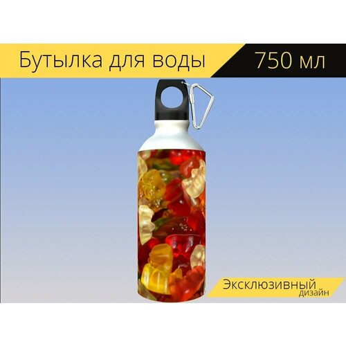 Бутылка фляга для воды "Gummybears, конфеты, сладости" 750 мл. с карабином и принтом