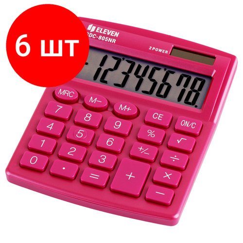 Комплект 6 шт, Калькулятор настольный Eleven SDC-805NR-PK, 8 разр, двойное питание, 127*105*21мм, розовый