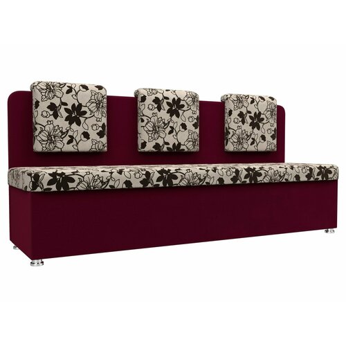 Кухонный прямой диван Маккон 3-х местный, Рогожка Цветы и Микровельвет бордовый