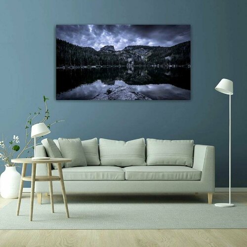 Картина на холсте 60x110 LinxOne "Лес облачно вода вершины" интерьерная для дома / на стену / на кухню / с подрамником