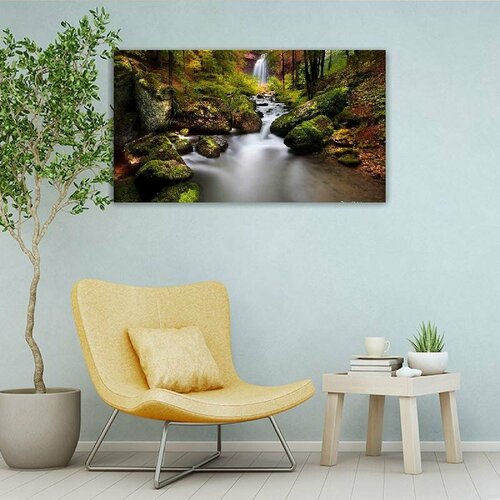 Картина на холсте 60x110 LinxOne "Река лес водопад природа осень" интерьерная для дома / на стену / на кухню / с подрамником