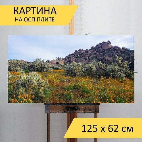Картина на ОСП 125х62 см. "Пустыня, цветы, горы" горизонтальная, для интерьера, с креплениями