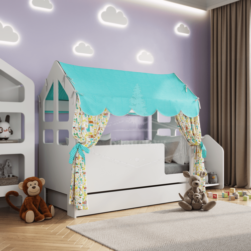 Кровать детская домик с текстилем и ящиком (Вход справа, бирюзовый, со зверятами) "Сладкий сон"