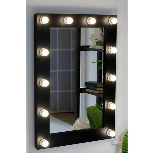Гримерное зеркало GM Mirror 70см х 90см, чёрный, 12 ламп / косметическое зеркало