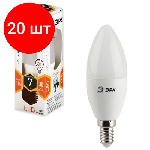 Комплект 20 шт, Лампа светодиодная ЭРА, 7 (60) Вт, цоколь E14, "свеча", теплый белый свет, 30000 ч, LED smdB35-7w-827-E14
