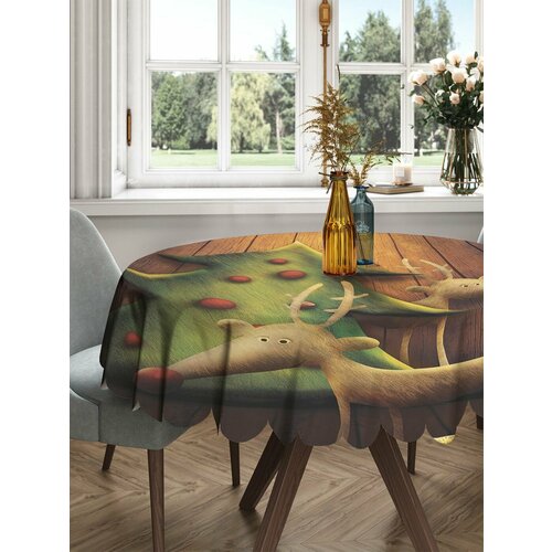 Скатерть круглая тканевая на стол JoyArty с рисунком "Деревянные поделки" 150 на 150 см