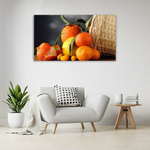 Картина на холсте 60x110 LinxOne "Листья мандарины фрукты" интерьерная для дома / на стену / на кухню / с подрамником