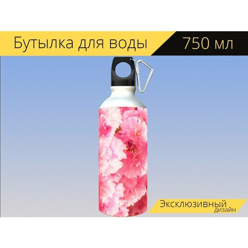 Бутылка фляга для воды "Цветы, лепестки, дерево" 750 мл. с карабином и принтом