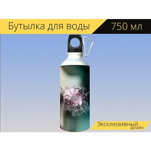 Бутылка фляга для воды "Пулевое отверстие, матовое стекло, окно" 750 мл. с карабином и принтом