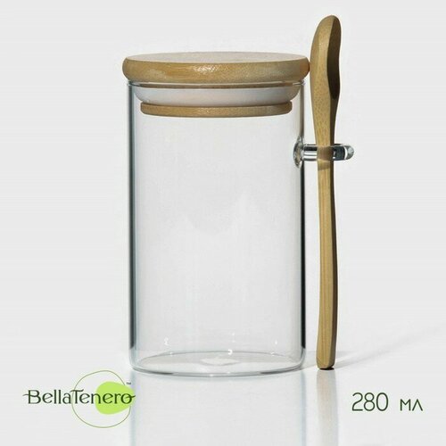 Банка стеклянная для сыпучих продуктов с бамбуковой крышкой и ложкой BellaTenero «Эко», 280 мл, 8,5×7×11 см