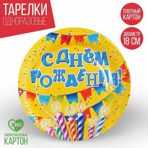 Тарелка одноразовая бумажная "С днем рождения" свечи и гирлянда, 10 шт.