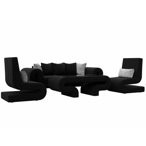 Набор Лига Диванов Волна-2 (стол, диван, 2 кресла) Микровельвет Черный