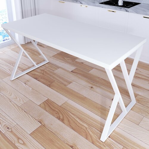 Стол кухонный Loft со столешницей белого цвета из массива сосны 40 мм и белыми металлическими Z-образными ножками, 130х80х75 см