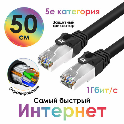 Патч-корд F/UTP LAN компьютерный кабель для интернета кат 5e RJ45 1 Гбит литой медь (4PH-F412) черный 0.5м