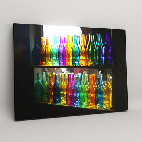 Картина на холсте (интерьерный постер) "Полки с разноцветными бутылками", с деревянным подрамником, размер 30x22 см