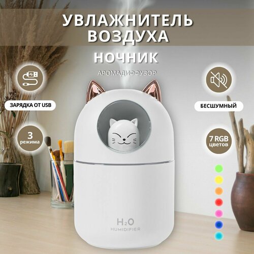 Увлажнитель воздуха, LED светильник ночник, Увлажнитель Cat (кошка) Белый (White)