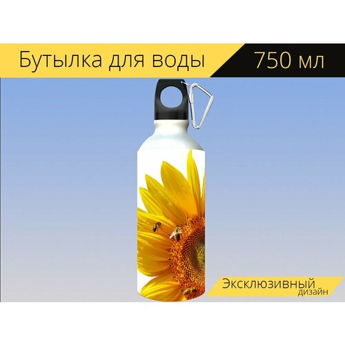 Бутылка фляга для воды "Подсолнух, пчелы, летом" 750 мл. с карабином и принтом