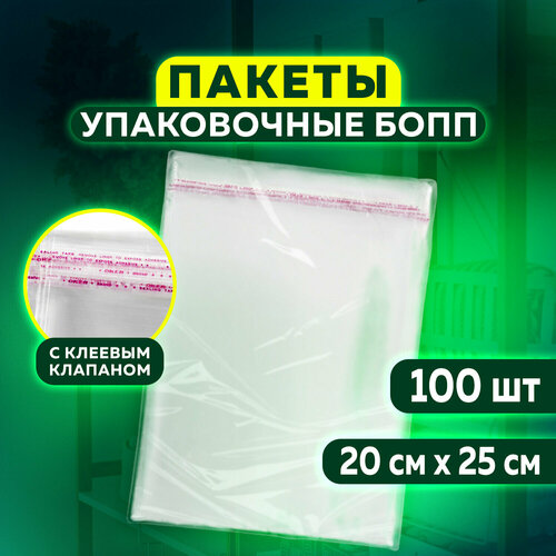 Пакет бопп КНР с клеевым клапаном, 100 штук, 20х25+4 см, толщина 30 мкм, с усиленным швом