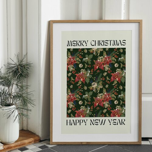 Постер интерьерный новогодний с принтом пуансеттии, надпись Merry Christmas Happy New year, 40х60 см, без рамы